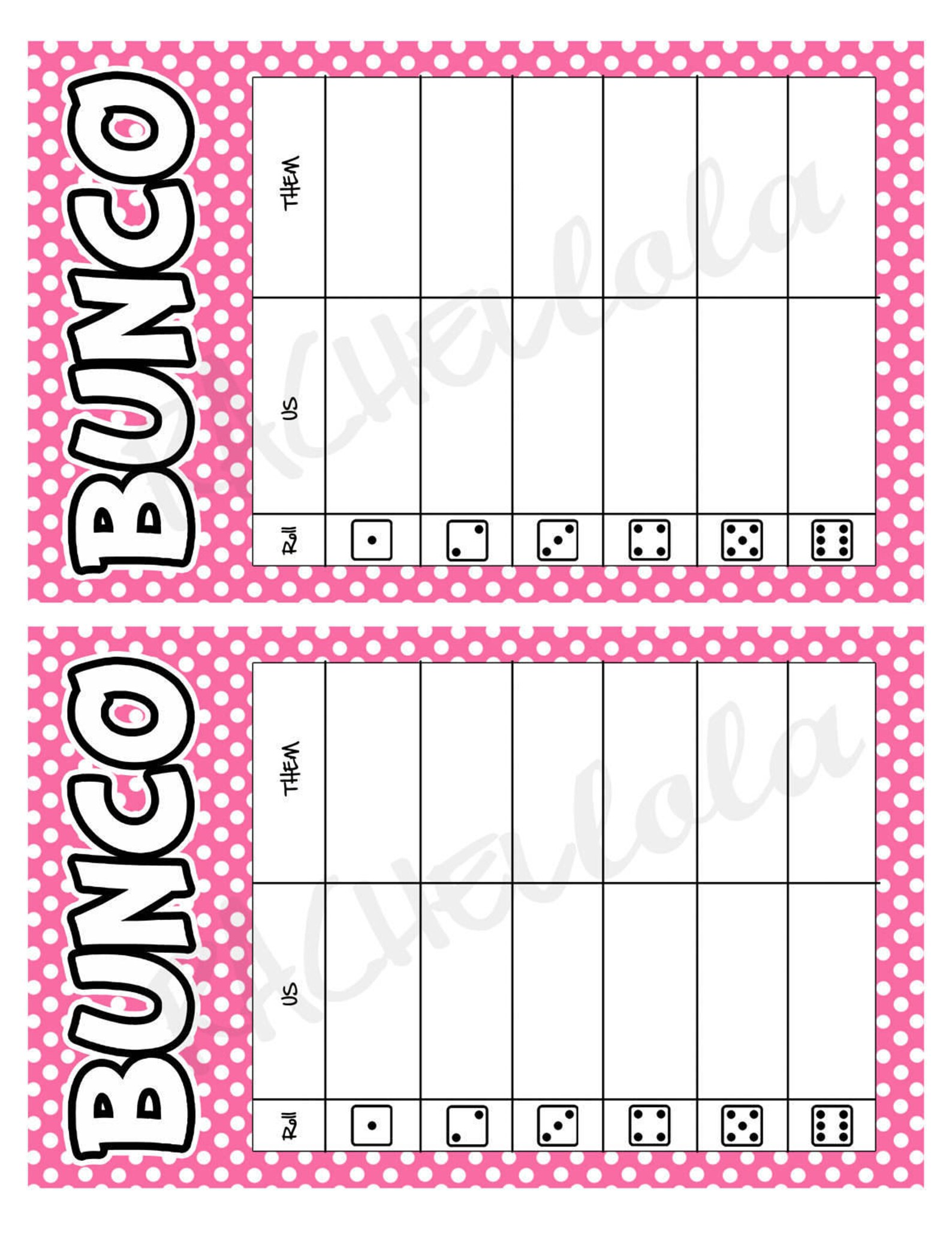 Pink Polka Dot Bunco Table Tally Sheets, Us Them Tally Cards, Score ...