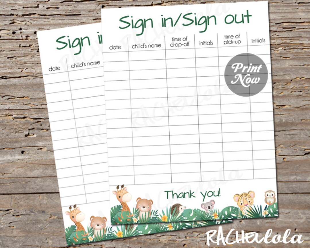 Printable Sign in & Sign Out Sheet, Safari Animal, Home Daycare Form ...