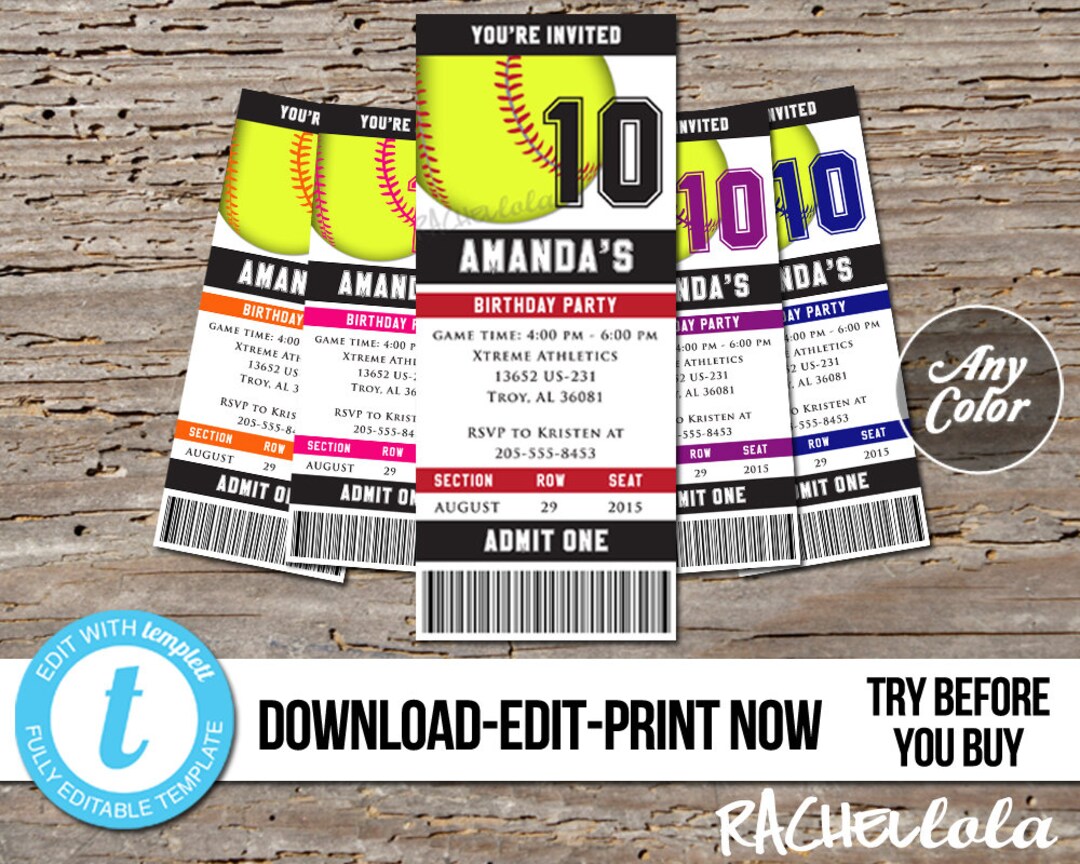 Editable Softball Ticket, Birthday Invitation Printable Template ...