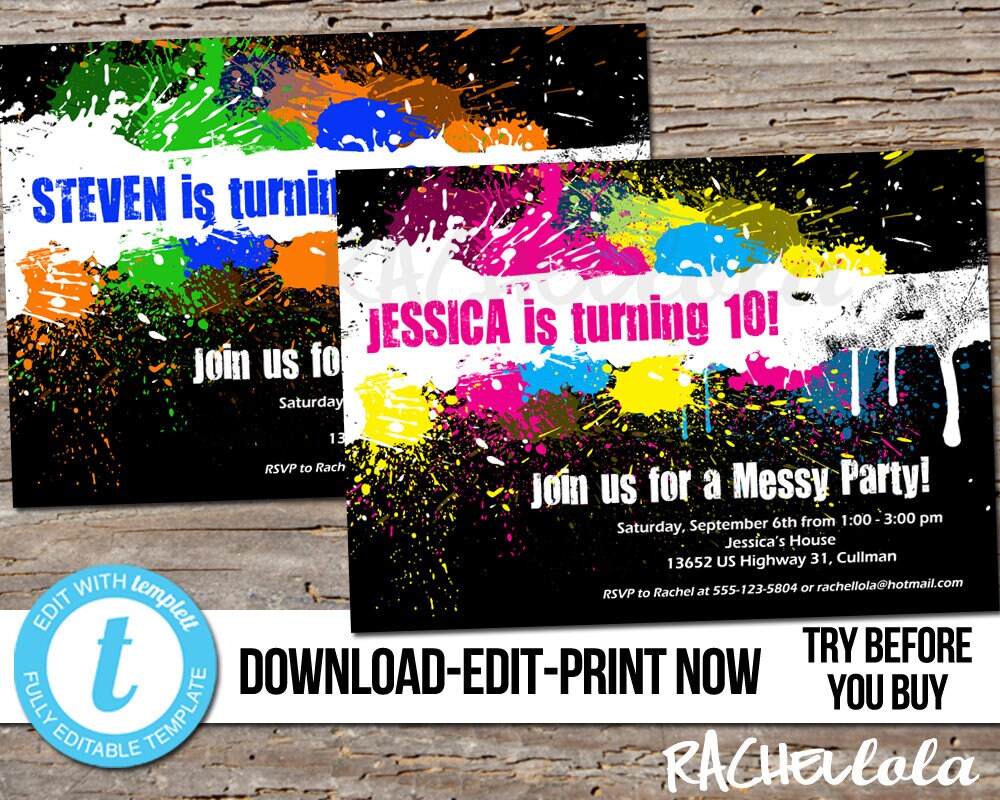 Editable Messy Paint Birthday Party Invitation Printable - Etsy