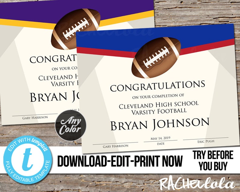 Editable Football Award Certificate Custom Printable - Etsy