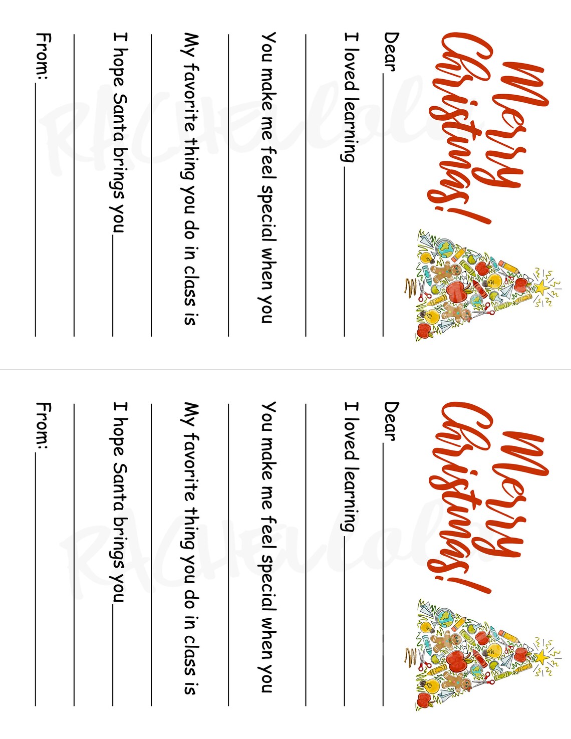 Christmas Card for Teacher, Thank You Note Printable, Kids, School ...