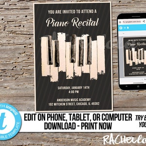Editable Piano Recital Invitation, Printable Template, Senior Concert ...