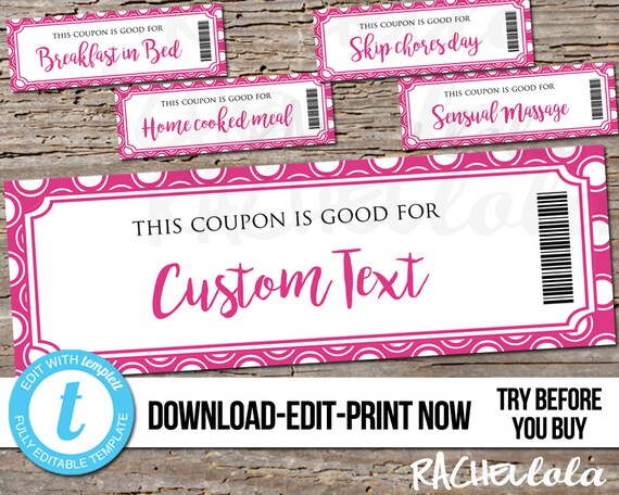 Pink Coupon template, Printable Gift certificate voucher, Valentine ...