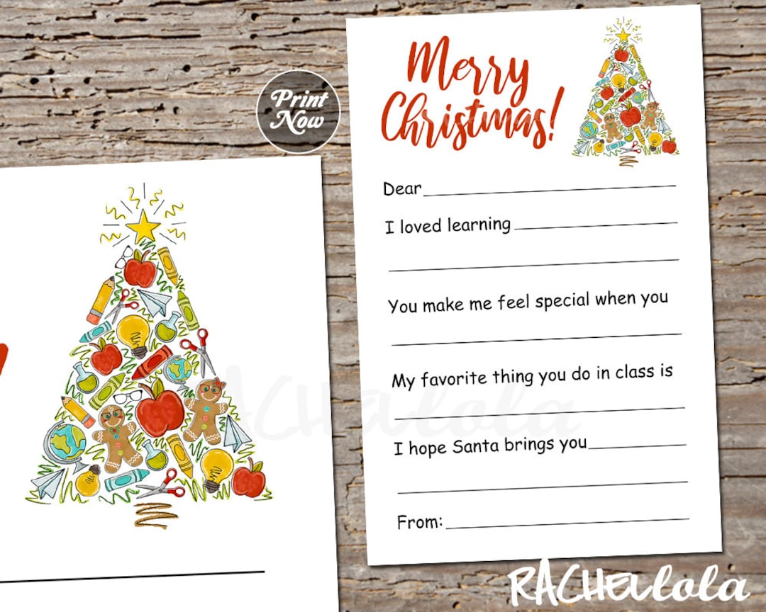 Christmas Card for Teacher Thank You Note Printable Kids - Etsy
