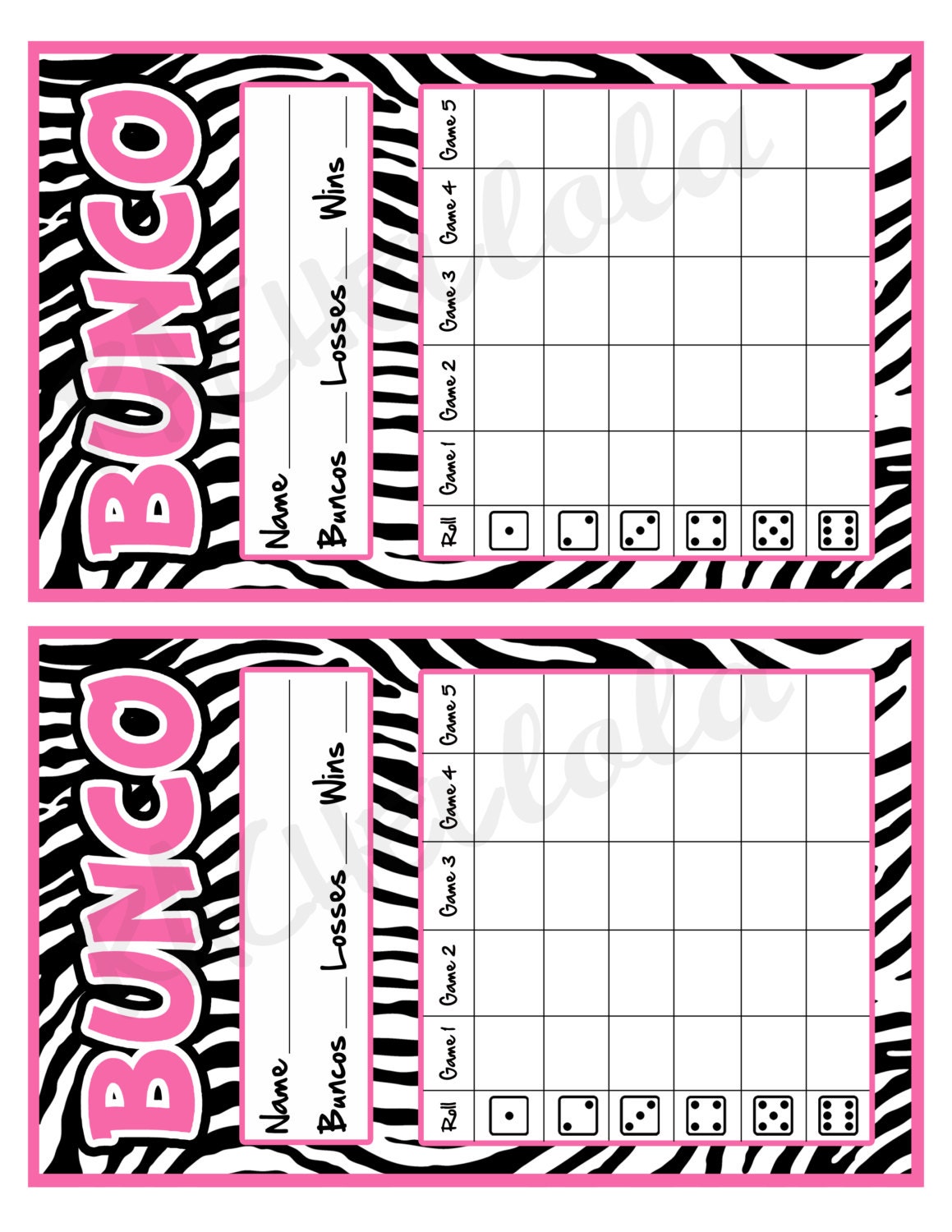 Zebra Bunco Score Card Score Sheet Bunko Party Scorecard | Etsy