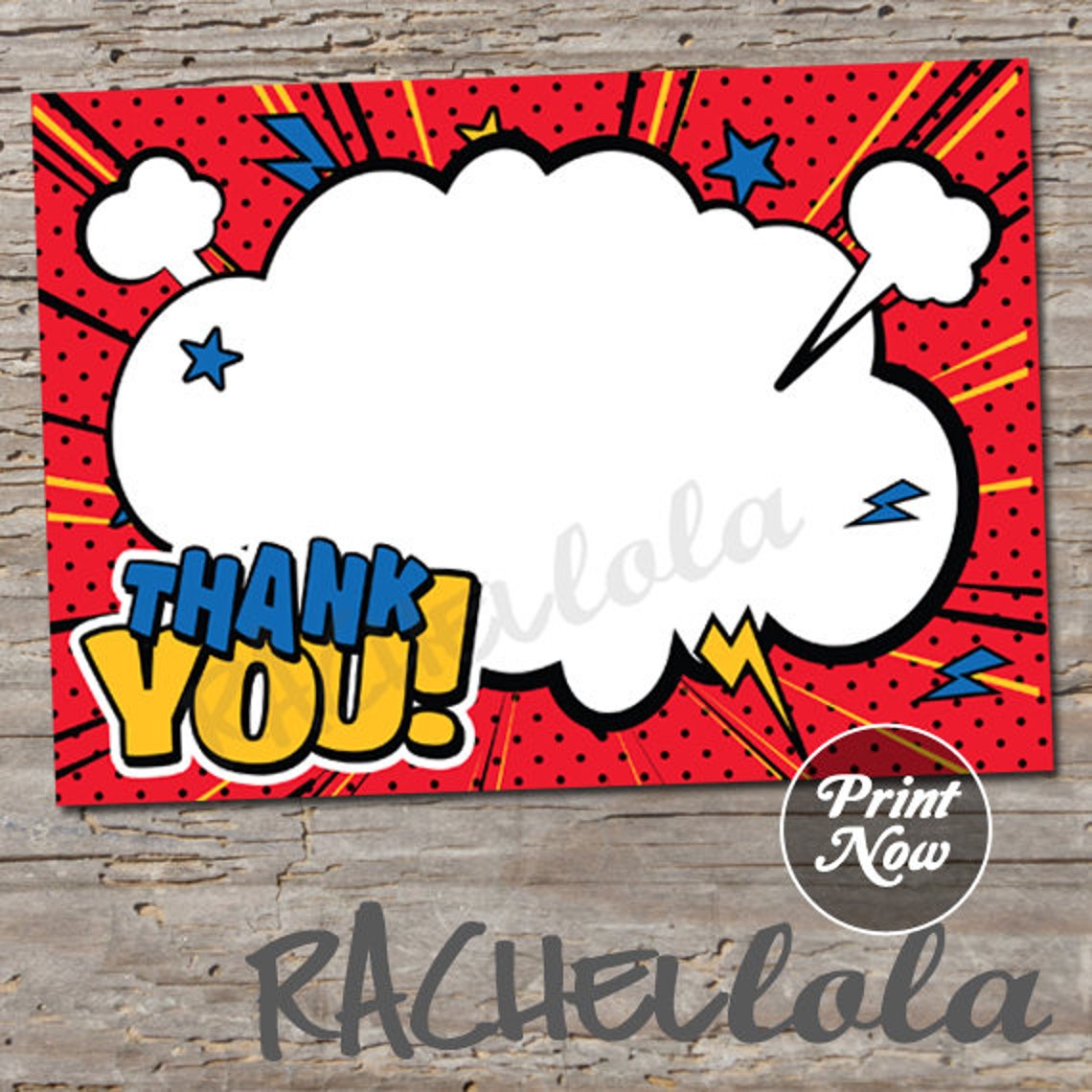 Comic Book Printable Thank You Note Cards, Superhero, Red, Blue, and ...