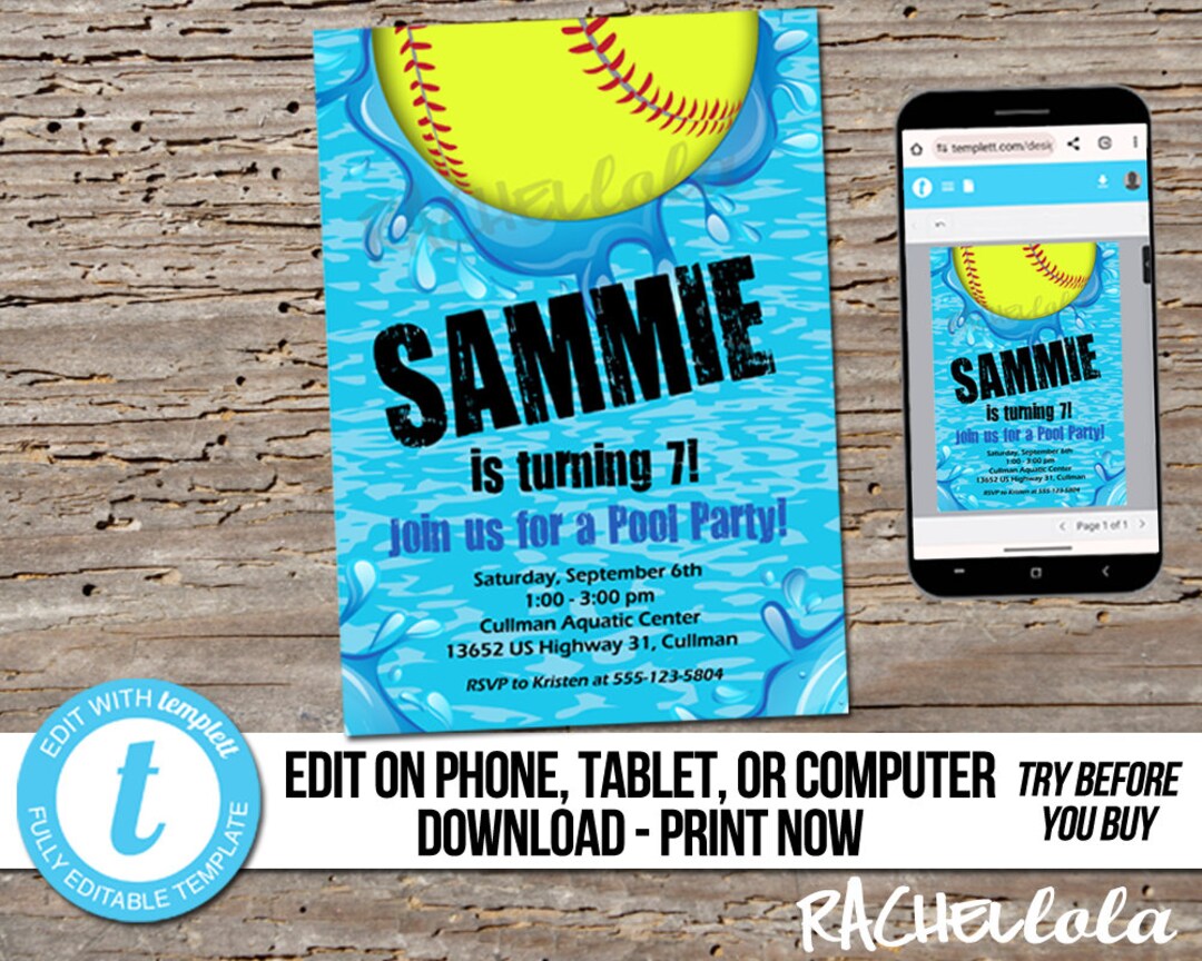 Editable Softball Pool Party, Birthday Invitation, Printable Template ...