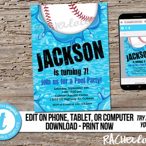 Editable Baseball Pool Party, Birthday Invitation, Printable Template ...