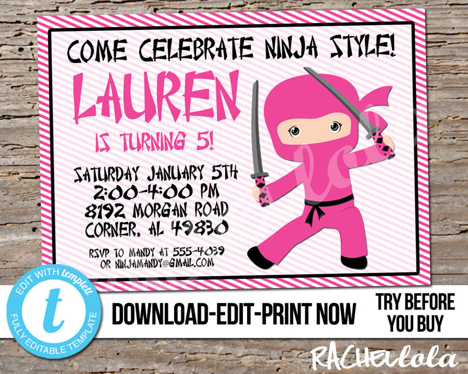 Editable Pink Ninja Birthday Party Invitation Girl Invite - Etsy
