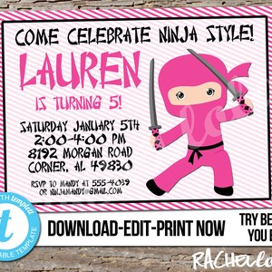Editable Pink Ninja Birthday Party Invitation Girl Invite - Etsy