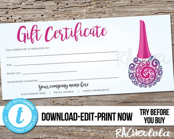 Nail Salon Gift Certificate Printable Template Digital Instant 