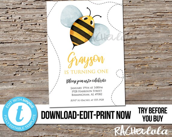 Editable BumbleBee birthday party invitation, 1st Bee-day, Printable ...