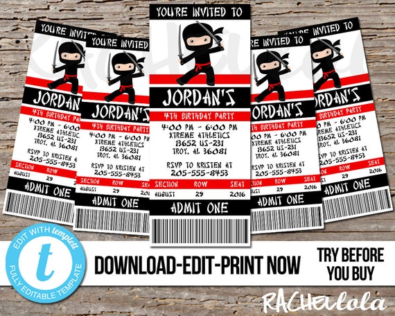 Editable Red Ninja Birthday party invitation ticket, Printable template ...