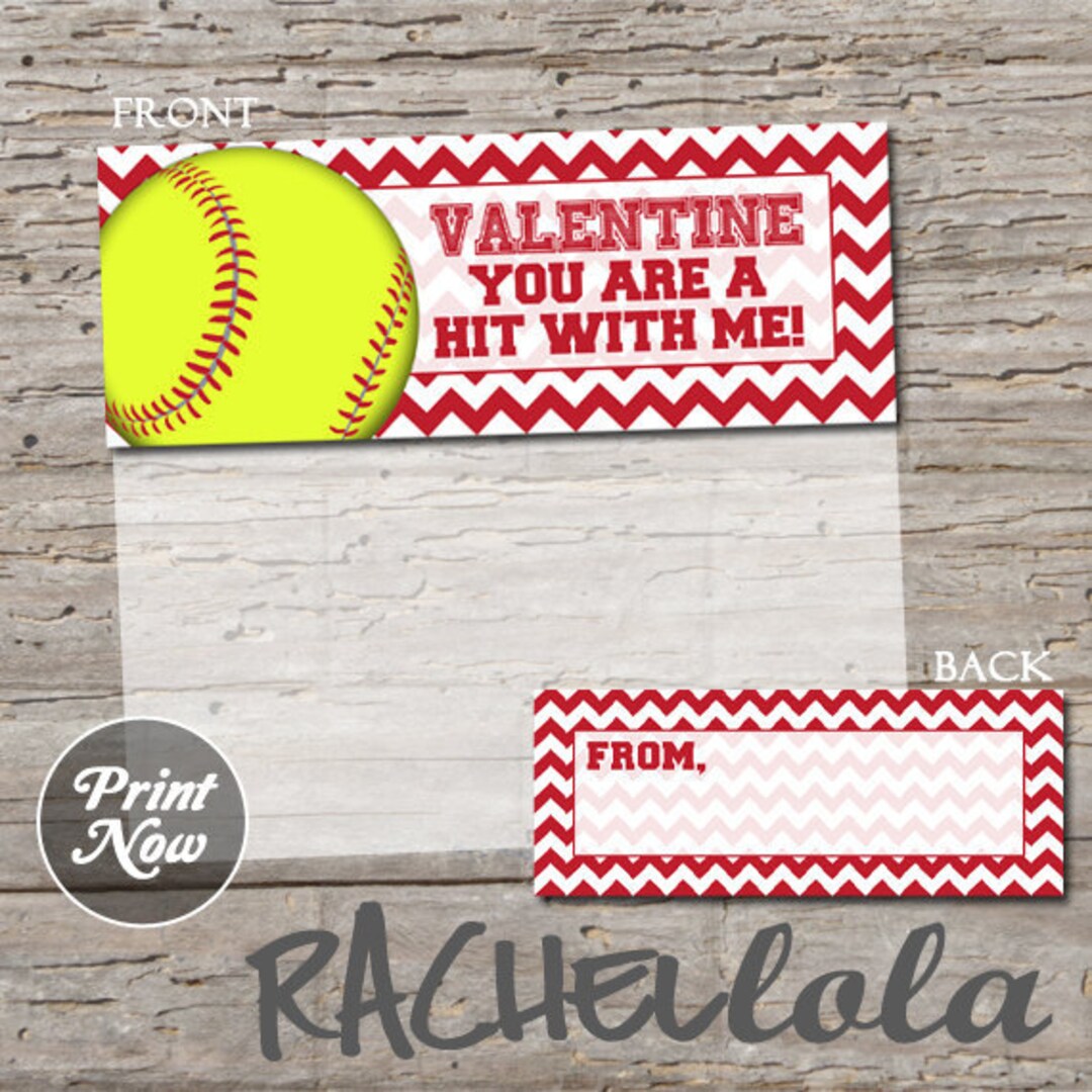 Softball Valentine Bag Topper, Valentine's Day Card, Kids, Printable ...