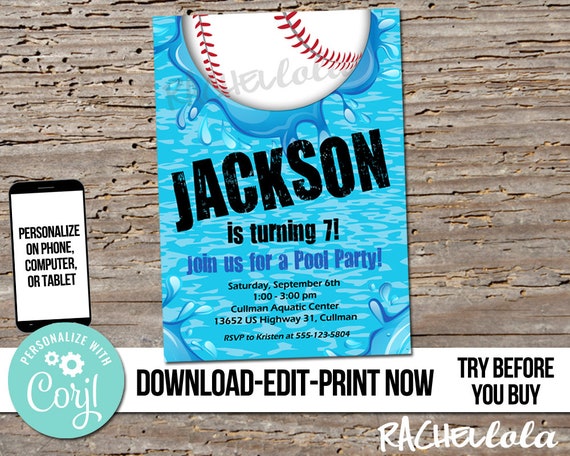 Editable Baseball Pool Party, Birthday Invitation, Printable template ...