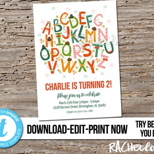 ABC 1st Birthday Party Invitation Alphabet Editable Printable - Etsy