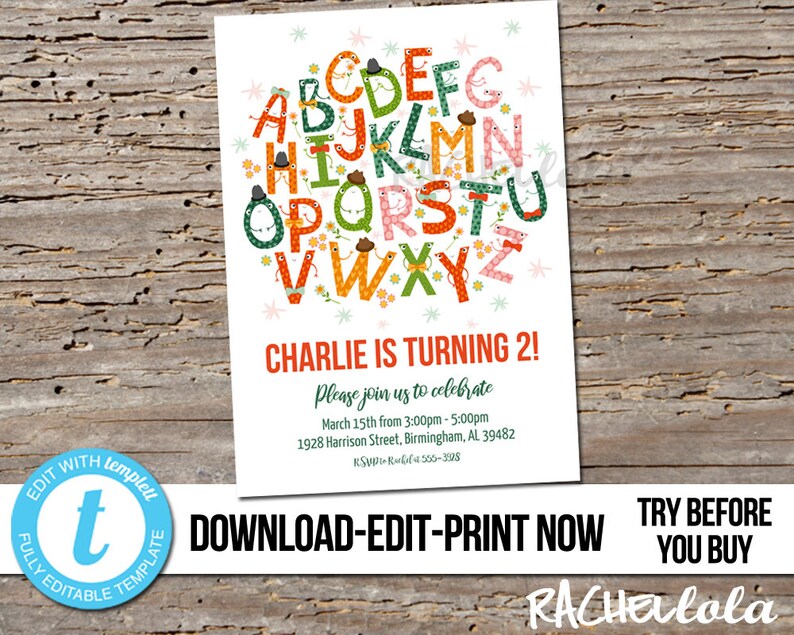 ABC 1st Birthday Party Invitation Alphabet Editable Printable - Etsy