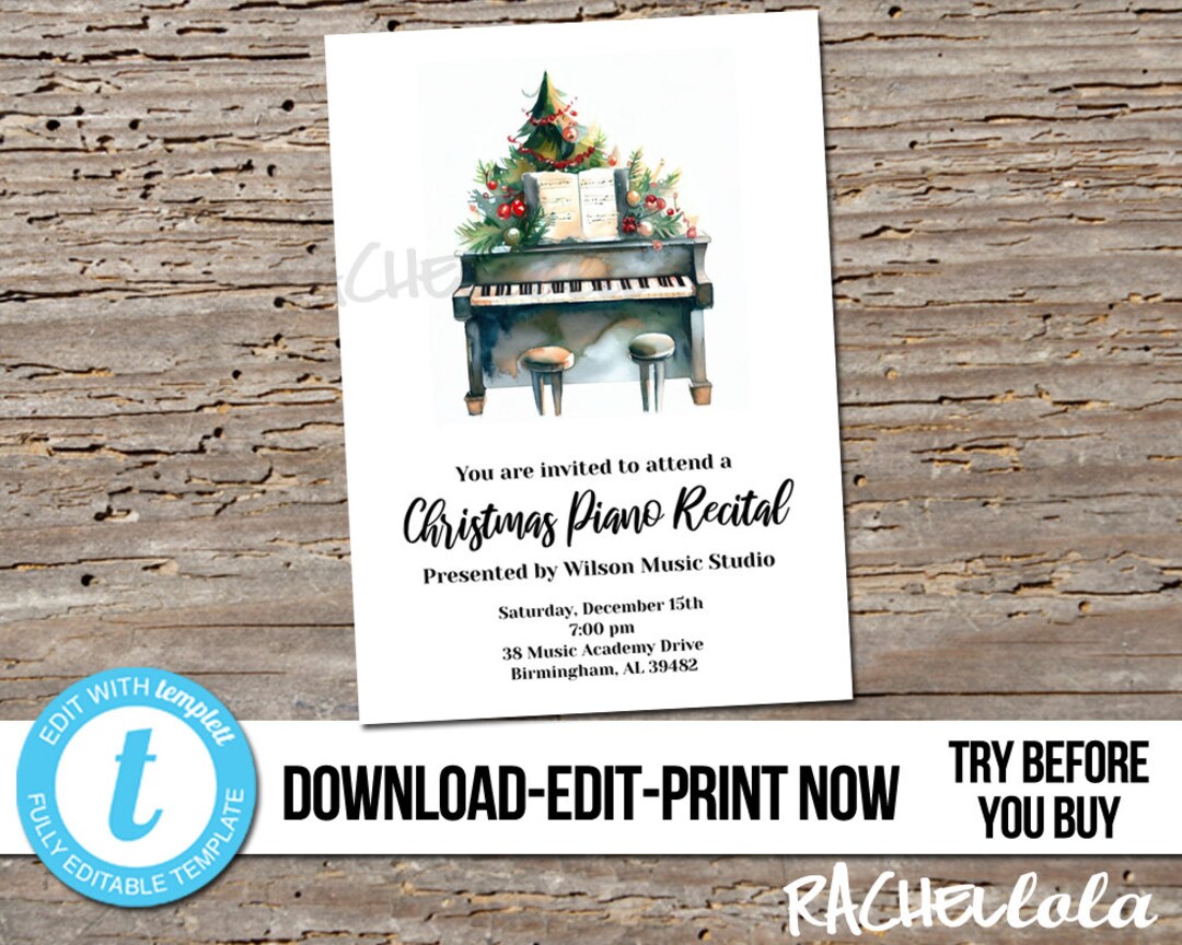 Christmas Piano Recital Invitation, Printable Fillable Template, Music ...