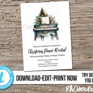 Christmas Piano Recital Invitation, Printable Fillable Template, Music ...