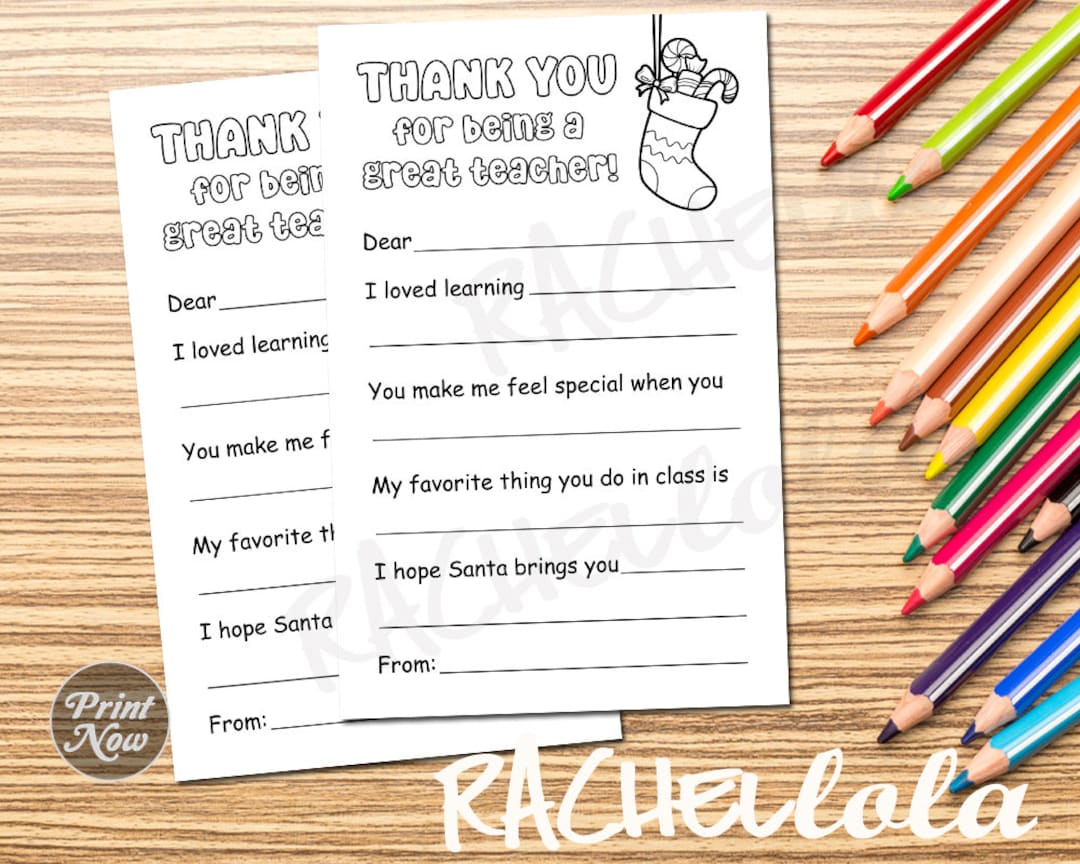 Christmas Card for Teacher, Thank You Note Printable, Kids, Teacher ...