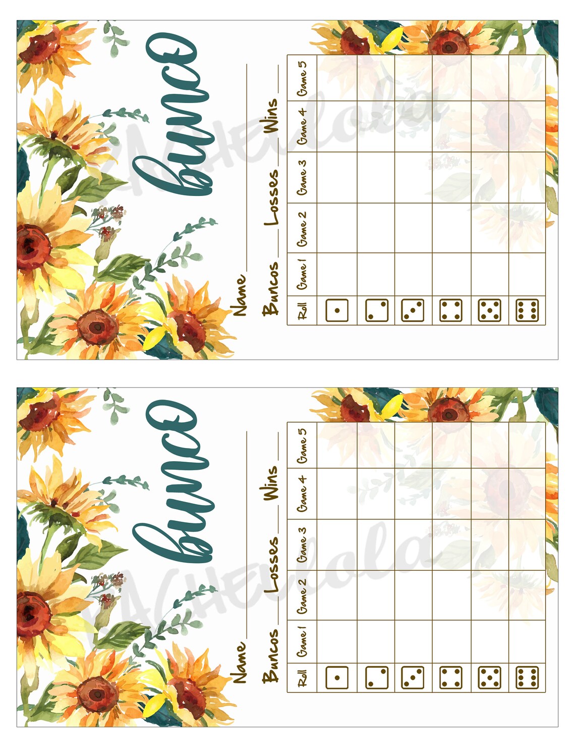Sunflower Bunco Score Card, Fall Score Sheet, Winter Flower Bunko Party ...
