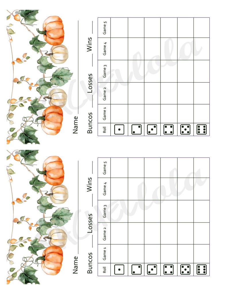 Pumpkin Vine Bunco Score Card, Fall, Halloween Score Sheet ...