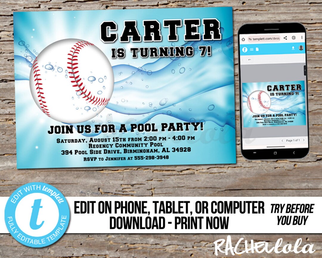 Editable Baseball Pool Party Invitation, Birthday, Printable Template ...