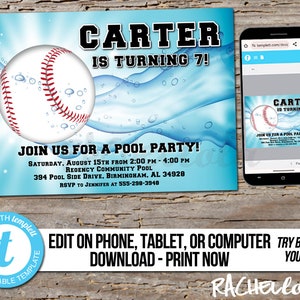Editable Baseball Pool Party Invitation, Birthday, Printable Template ...