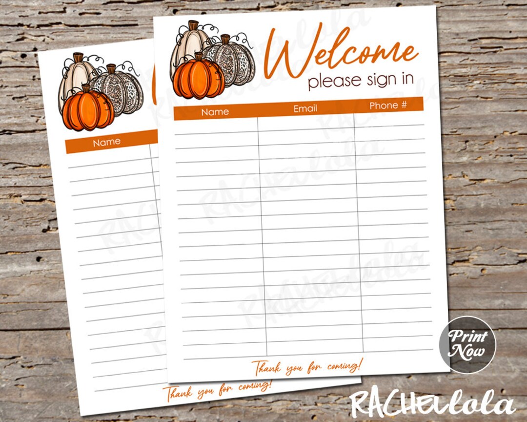 Printable Fall Sign in Sheet for Customers & Clients, Autumn Pumpkins ...