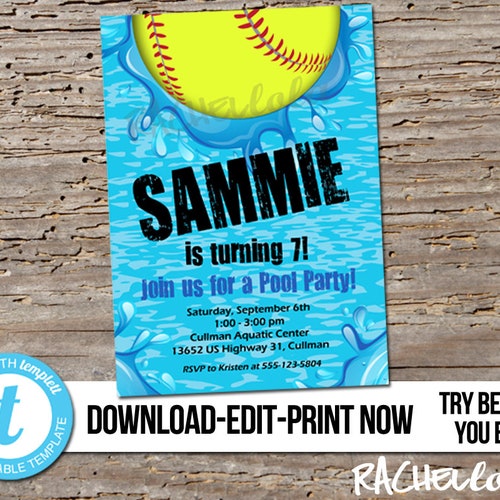Editable Softball Pool Party Birthday Invitation Girl Summer - Etsy