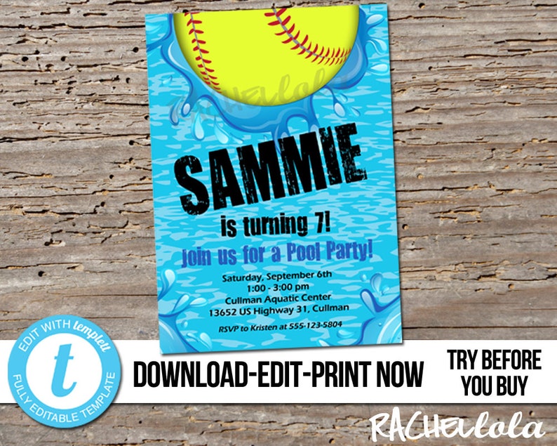 Editable Softball Pool Party Birthday Invitation Printable - Etsy