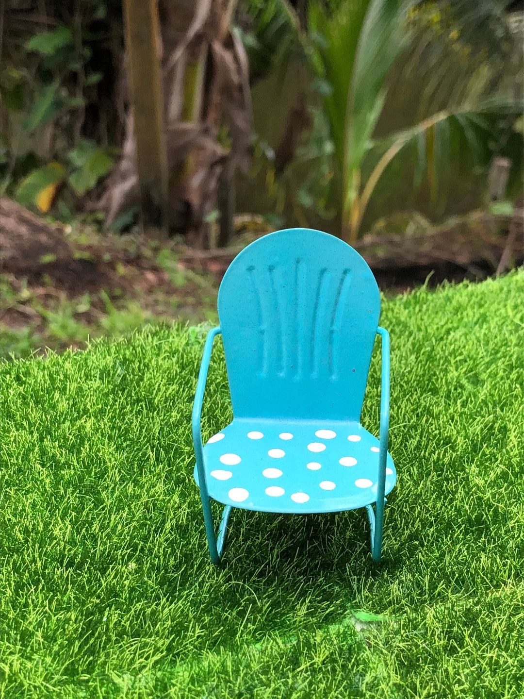 Miniature Blue Retro Patio Chair, Rocker Chair, Porch Chair, Polka Dot ...