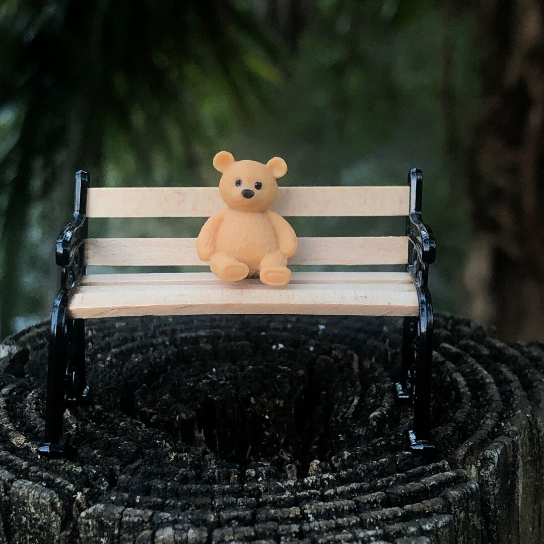Miniature Micro Teddy Bear Figurine Alone or With a Bench, Fairy Garden ...