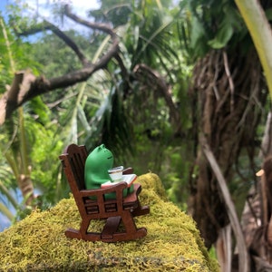 Relaxed Miniature Frog Figurine, Sitting Frog in a Rocking Chair, Fairy ...
