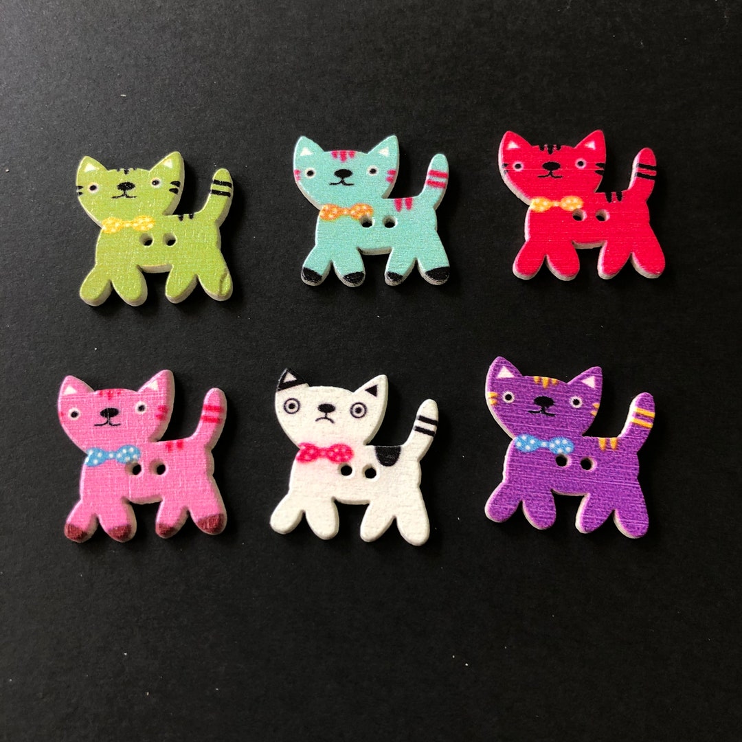 Six Wooden Cat Buttons, Sewing Buttons, Craft Buttons, Cartoon Cats - Etsy