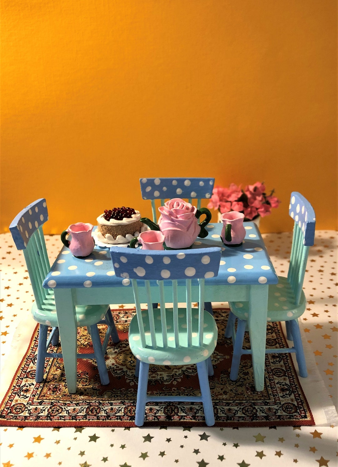 Miniature Garden Table and Chairs, Hand Painted, Blue Table and Chairs ...