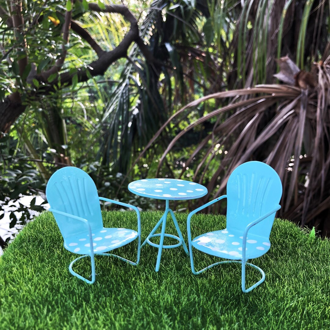 Miniature Blue Bistro Rocker Set, Mini Table and Chairs, Fairy Garden ...