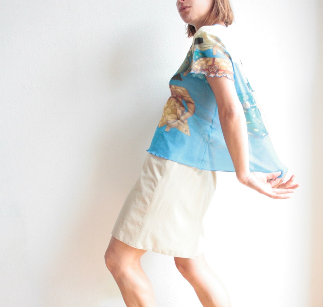 Mesh Shirt, 90s 00s, Transparent Top, Mesh Fabric, Summer Motif Print ...