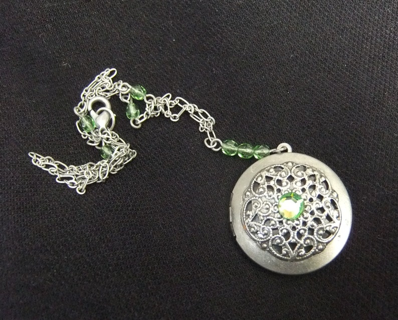 Vintage Pewter Filigree Locket and Chain, With Green Rhinestone and ...