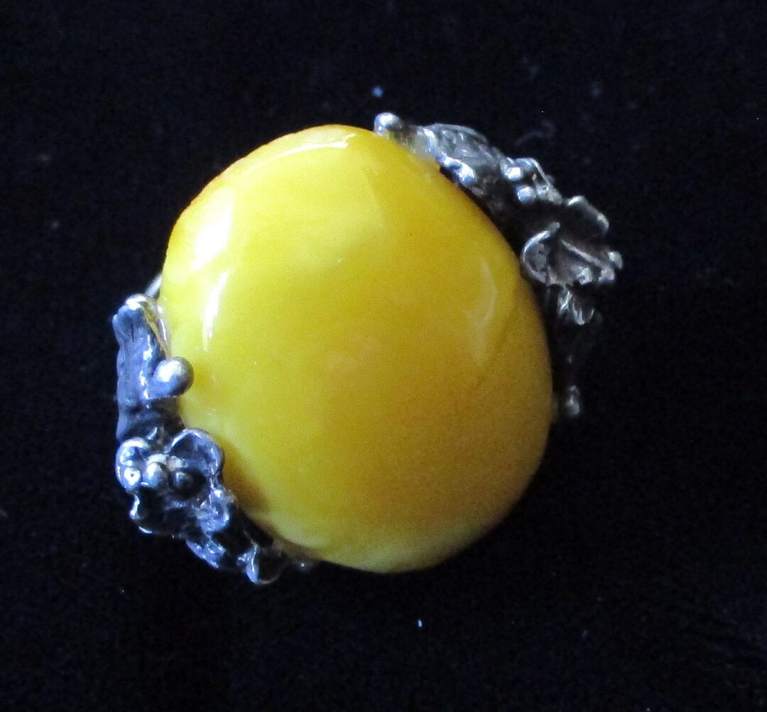 Vintage Butter Yellow or Egg Yolk Amber and 925 Sterling Silver Floral ...