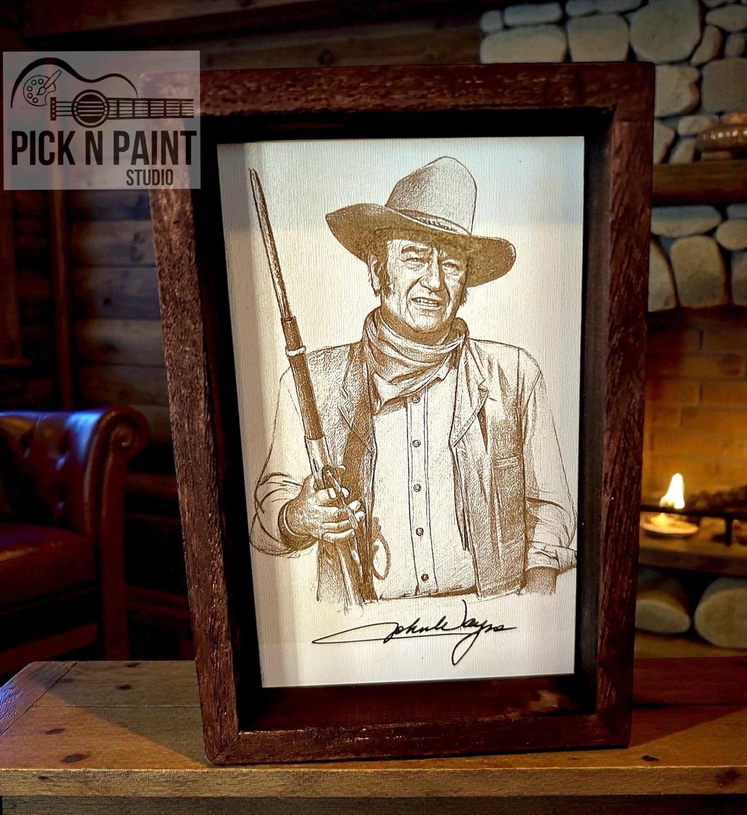 John Wayne Engraved Shadow Box, Rustic Cowboy Art, Wooden Gunslinger ...