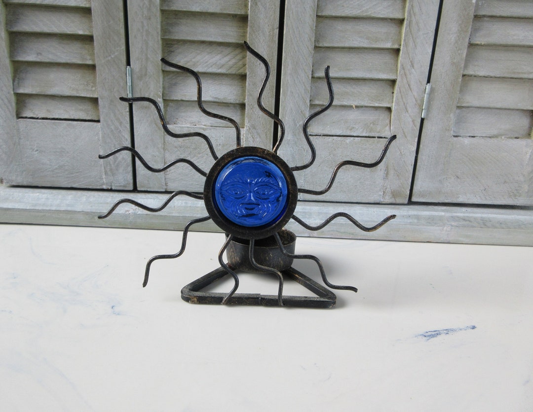 Celestial Cobalt Blue Sun Glass Face on Triangular Metal Candle Holder ...