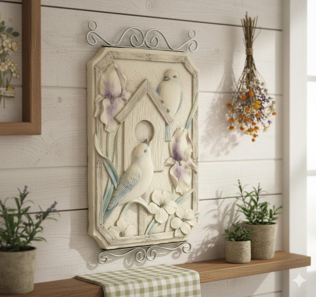 3D Cast Stone Birdhouse Plaque, Cottagecore Wall Decor, Vintage Style ...