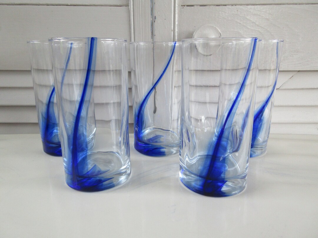 Vintage Libby Crisa Blue Ribbon Twist Swirl Glass With Indents Tumbler Set of 5 Dimpled Pinched ...