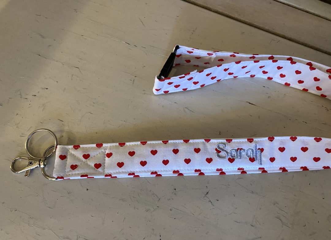 Monogrammed Valentine Lanyard, Red Hearts Lanyard, Valentine Fabric ...