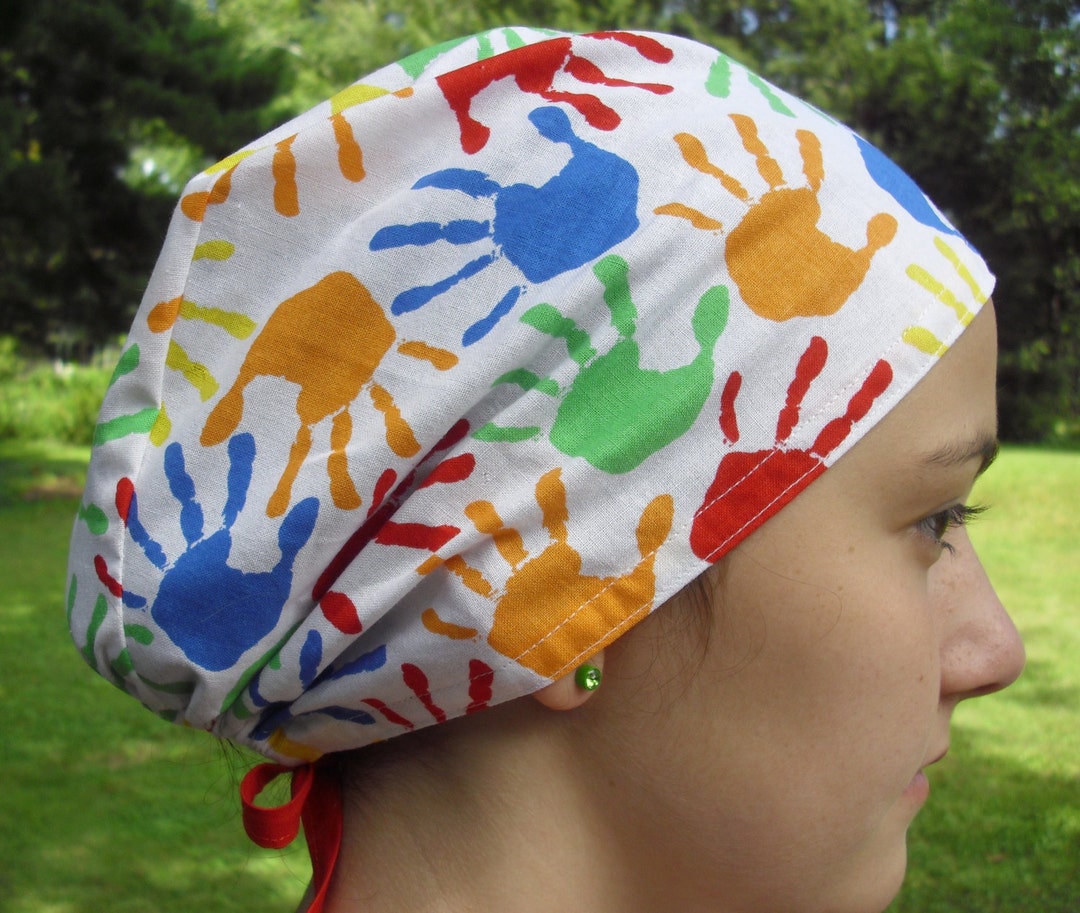 Pediatric Surgical Scrub Hat, Primary Color Child Handprints Scrub Cap ...