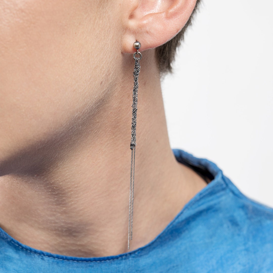 Black Chain Delicate Earrings, Long Stud Dangling Lightweight Blacked ...