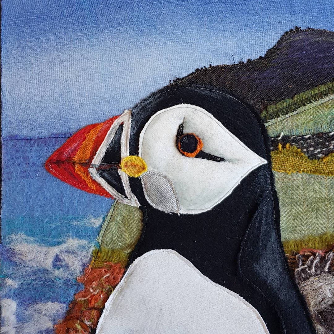 Unique Textile Art Puffin Canvas made from Tweed Mohair and Denim ...