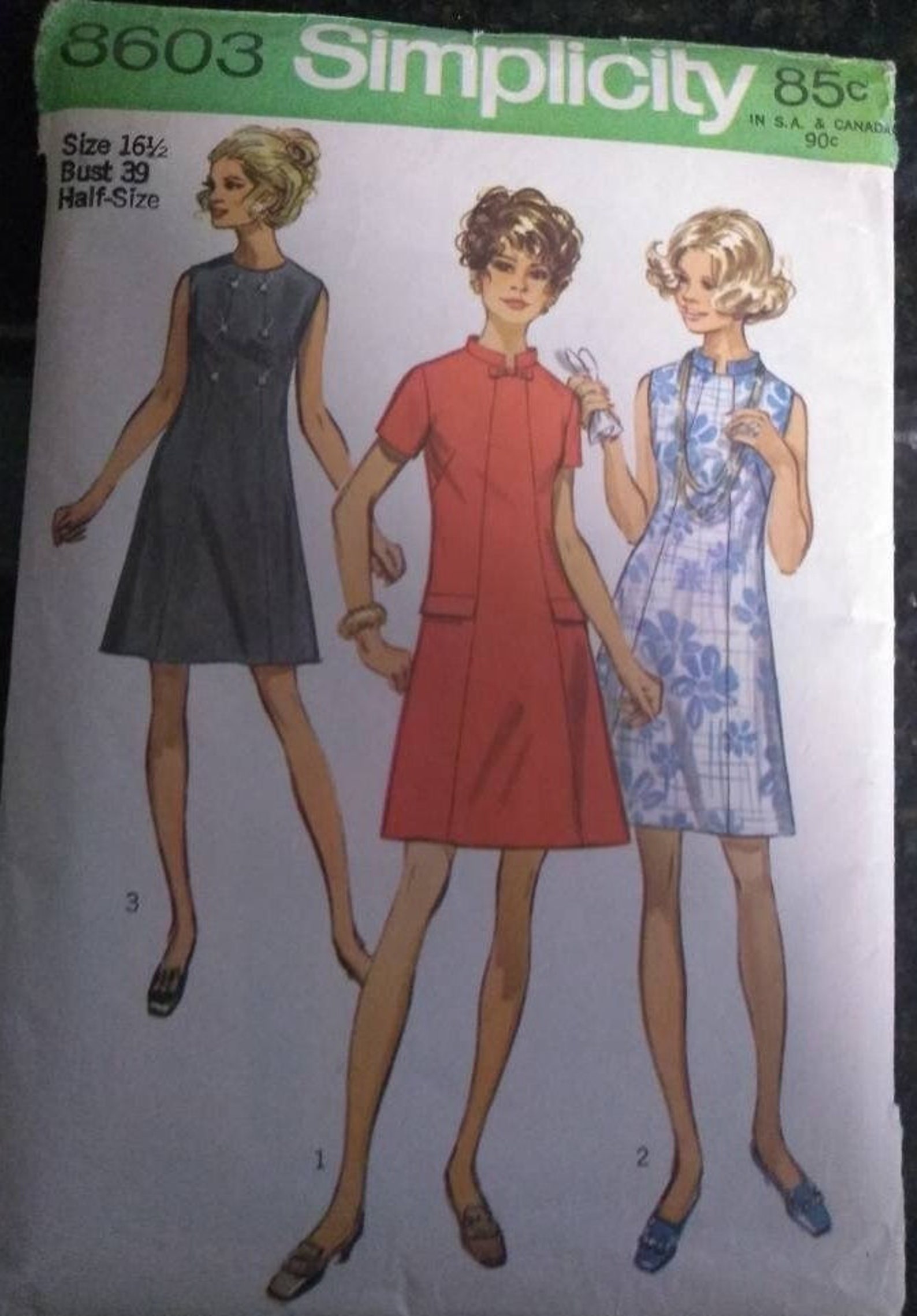 Vintage Simplicity Dress Pattern 8603 Size 16 1/2 Bust 39 Half Size Ca ...